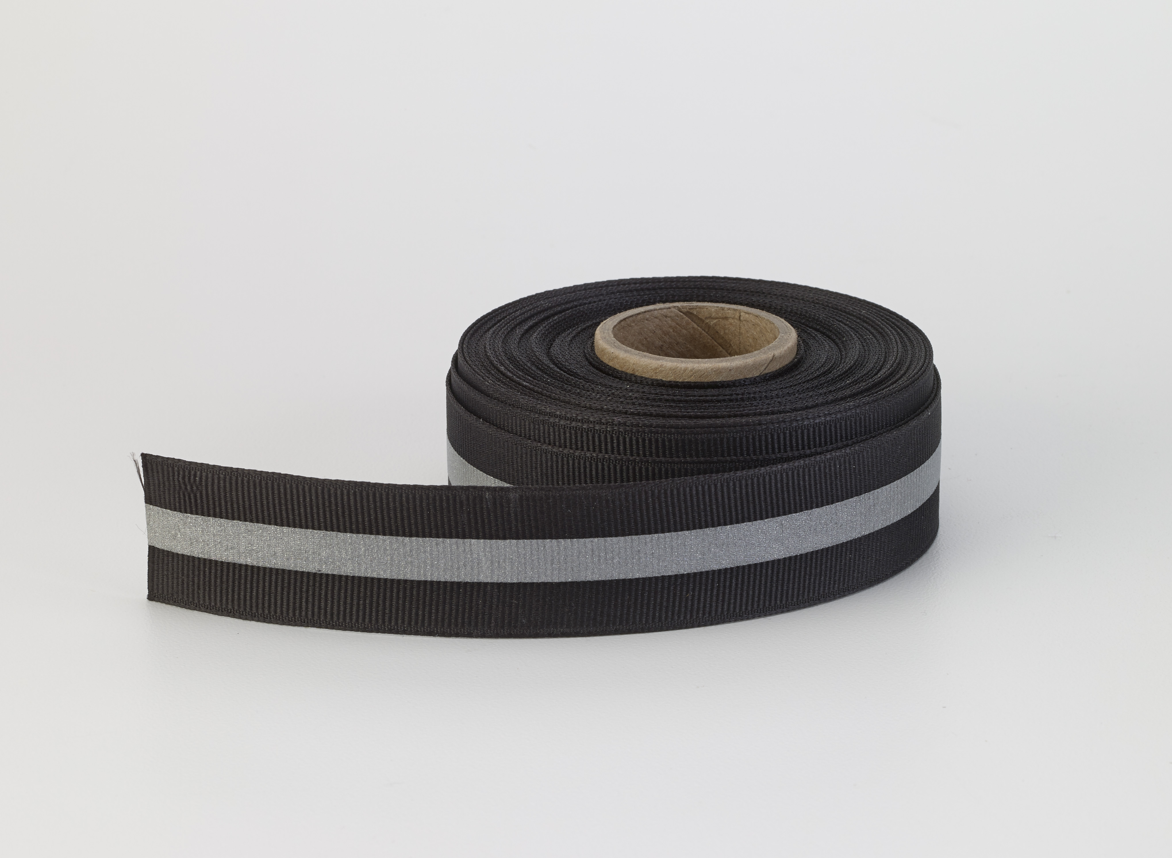 Reflective ribbon, .875 in Wide, .25 in reflective stripe, 5 yds, Black