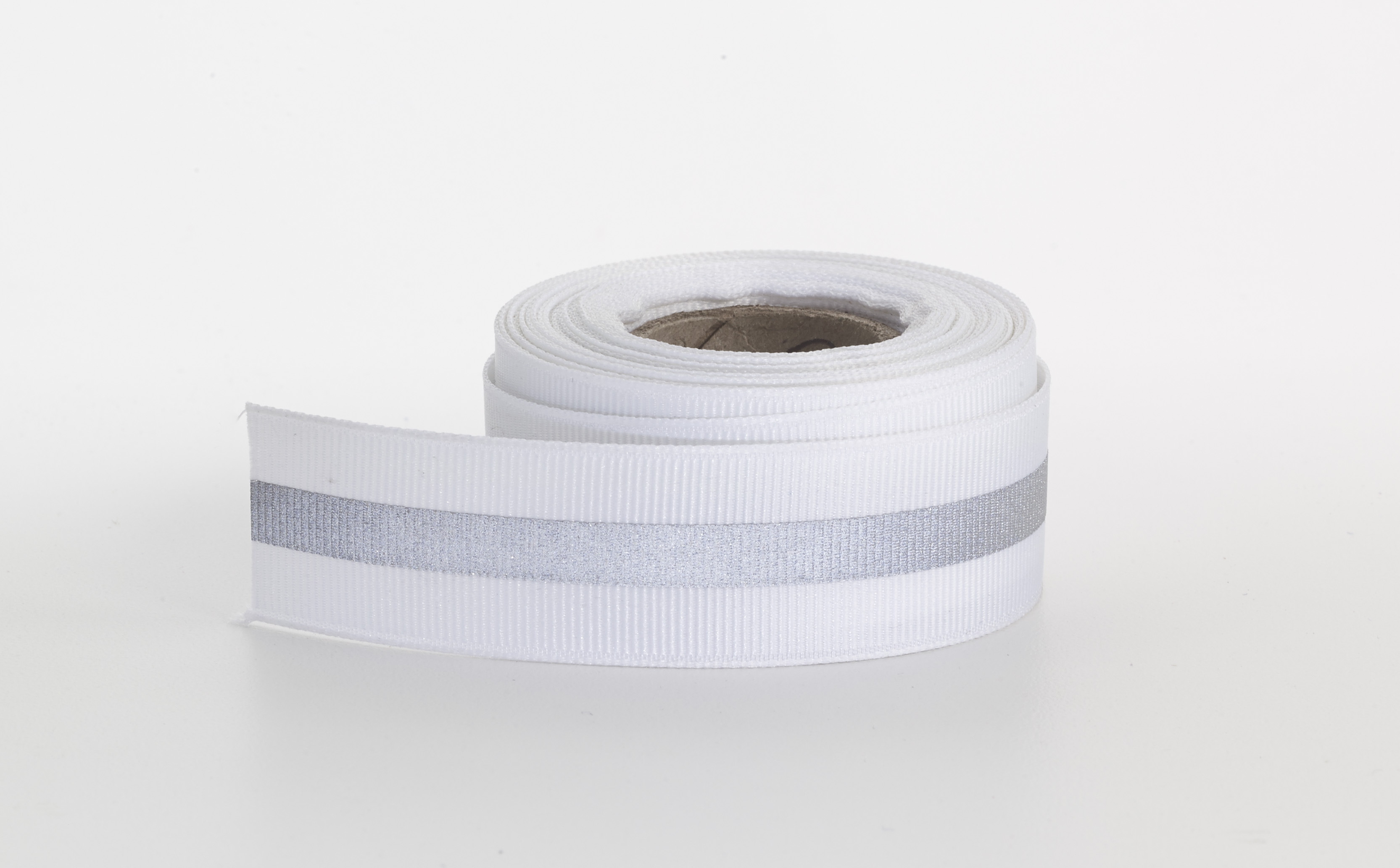 Reflective ribbon, .875 in Wide, .25 in reflective stripe, 5 yds, White
